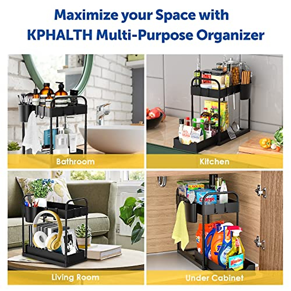 KPHALTH Under Sink Organizer Adjustable Height Under Sink Organizers and Storage 2-Tier Under Cabinet Storage Bathroom Organizer Sliding Drawer with Hooks Hanging Cup Kitchen Storage (Black-1 Pack)