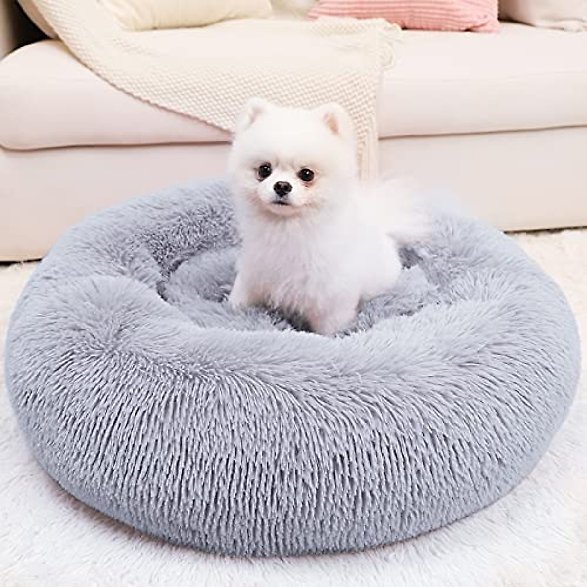 WAYIMPRESS Calming Dog Bed for Small Dog & Cat,Washable Plush Round Pet Puppy Bed with Fluffy Faux Fur for Anti Anxiety and Cozy (20x20 Inch, Grey)