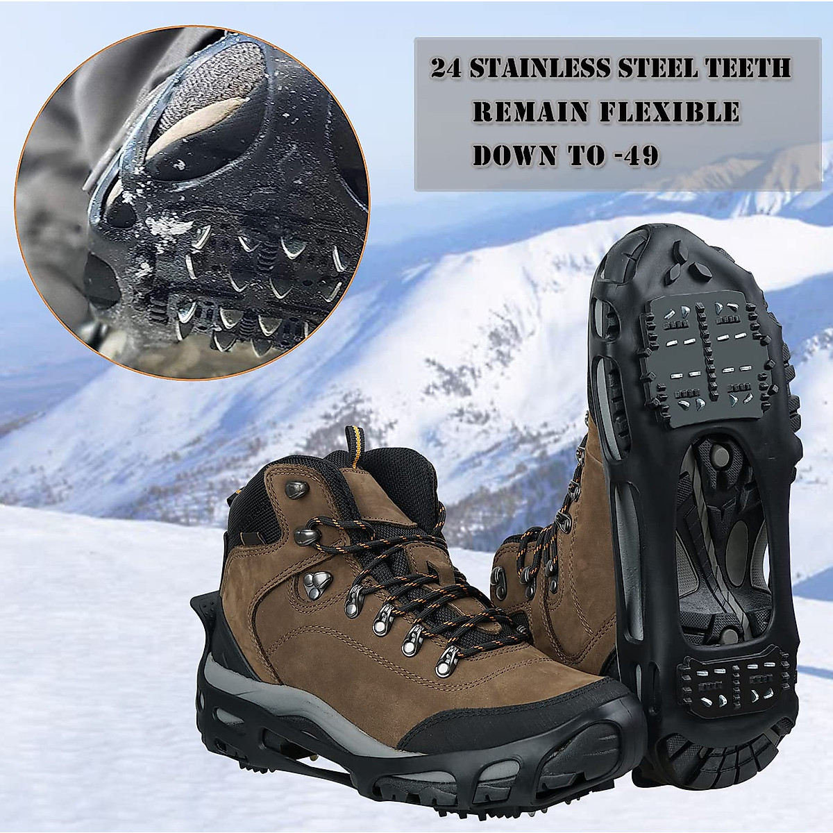 Ice Snow Traction Cleats Crampons Anti-Slip Snow Shoes Cleats Walking on Snow and Ice Winter Walking Boots Cleats for Men Women Hiking, Jogging (24 Steel Crampons,Szie XL)