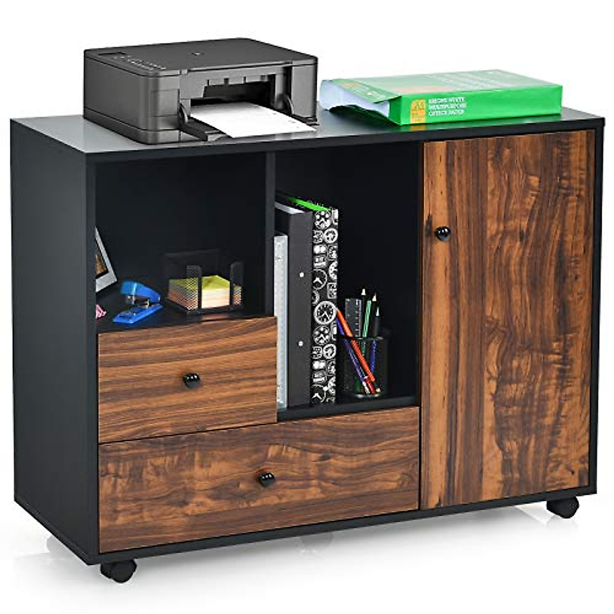Giantex Mobile Filing Cabinet 2 Drawers, Large Storage Cabinet, Printer Stand on Wheels, Wood Lateral Industrial File Organizer with Open Shelves for Home and Office Use(Black+Brown, 4 Wheels)