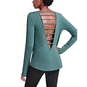 Back Long Sleeve Workout Tops for Women with Thumb Hole Backless Crewneck Gym Yoga Shirts Green