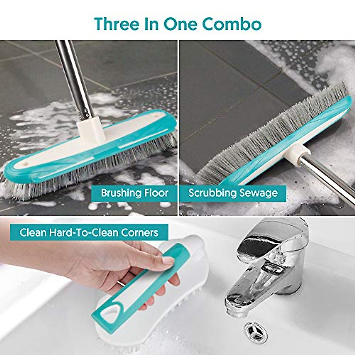 MEXERRIS Scrub Brush with Floor Scrubber Deck Brush Long Handle Combo Cleaning Kits, Stiff Bristles Durable Scrubbing Grout Brushes for Carpet Bathroom, Shower, Sink, Bathtub, Tile, Kitchen Surface