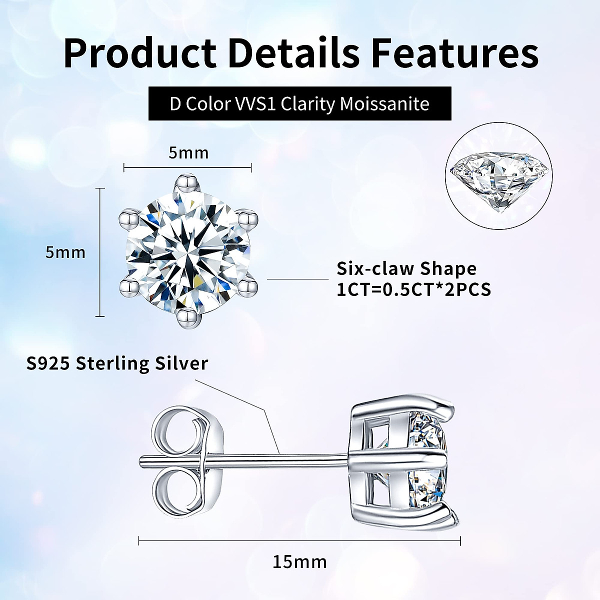 Aziza·Zhol Moissanite Stud Earrings for Women Men Girl, Hypoallergenic S925 Sterling Silver 0.5ct D Color VVS1 Clarity Created Diamond Earrings with Certificate of Authenticity (Six-claw)
