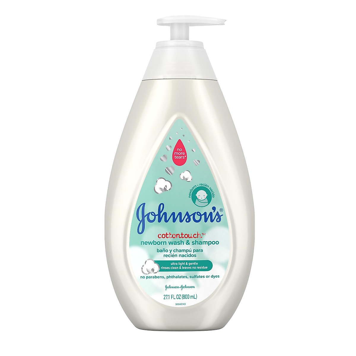 Johnson's CottonTouch Newborn Baby Wash & Shampoo with No More Tears, Sulfate-, Paraben- Free for Sensitive Skin, Made with Real Cotton, Gently Washes Away Dirt & Germs, 27.1 fl. oz