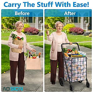 AOSION Folding Shopping Carts for Groceries,220lb,Grocery Cart with 360° Rolling Swivel Wheels, Collapsible Rolling cart,Portable Utility Cart with Shopping Liner for Laundry Luggage Office