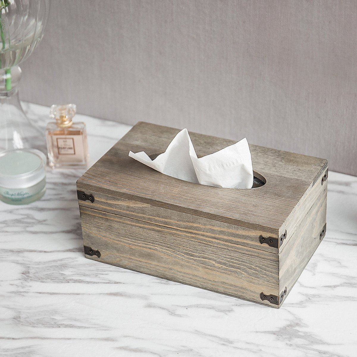 MyGift Rustic Gray Solid Wood Tissue Box Holder Rectangular Cover, Decorative Bathroom Facial Tissue Box Holder with Hinged Lid