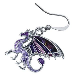Enamel Alloy Dinosaur Fantasy Dragon Earrings Drop Dangle Unique Animal Jewelry for Women Dragons Gifts (Orchid Purple)
