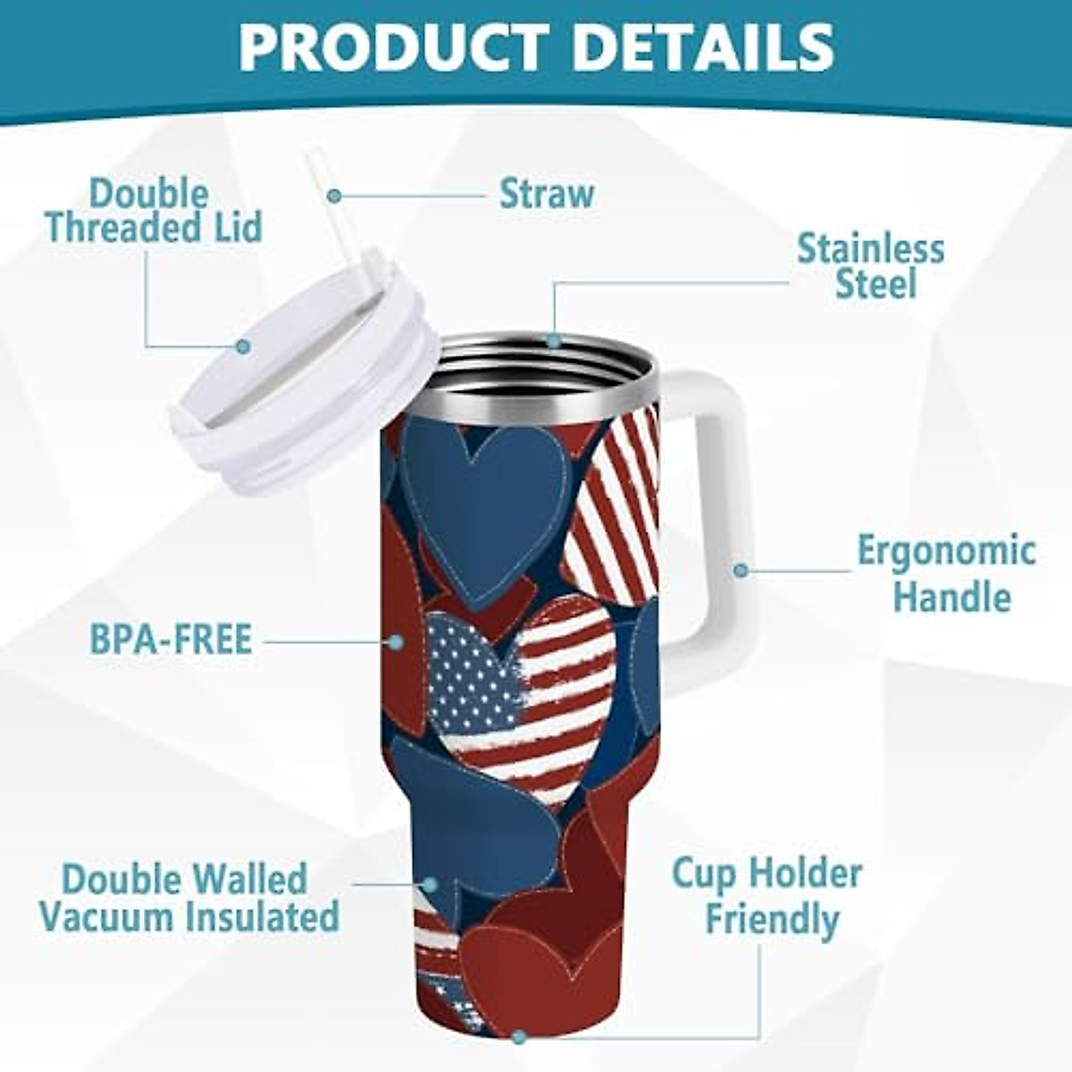 MCHIVER American Flag Heart 40 oz Tumbler with Handle and Straw Stainless Steel Vacuum Water Bottle Leak-proof Travel Coffee Mug Insulated Tumbler for Office Home Car