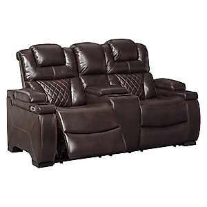 Signature Design by Ashley Warnerton Faux Leather Power Reclining Loveseat with Center Console, Brown