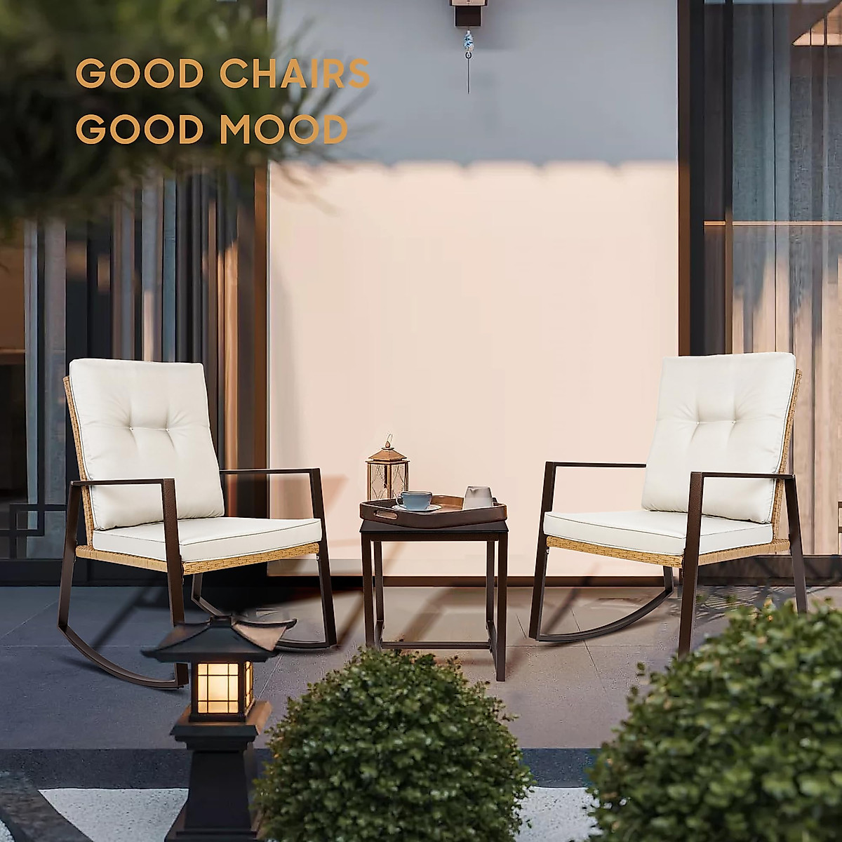 YIYAN 3 Pieces Patio Bistro Set Outdoor Rattan Wicker Rocking Chairs Set,Patio Outdoor Furniture Conversation Sets with Sofa Chairs,Glass Coffee Table and Washable Cushion (Light Beige)