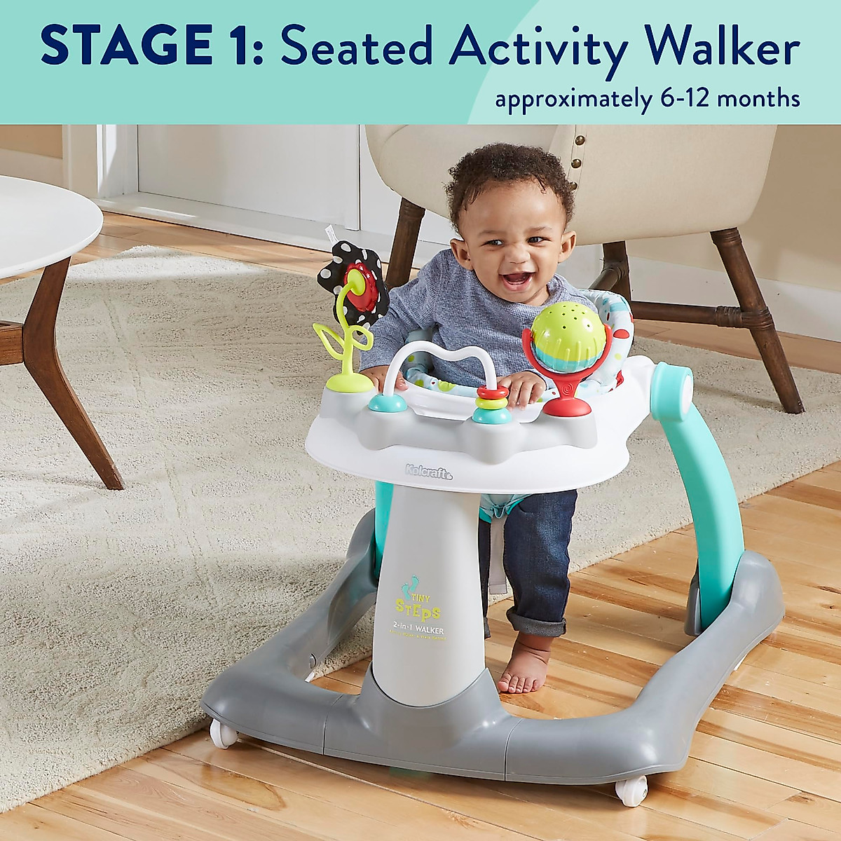 Kolcraft Tiny Steps 2-in-1 Infant & Baby Activity Walker - Seated or Walk-Behind, Jubliee