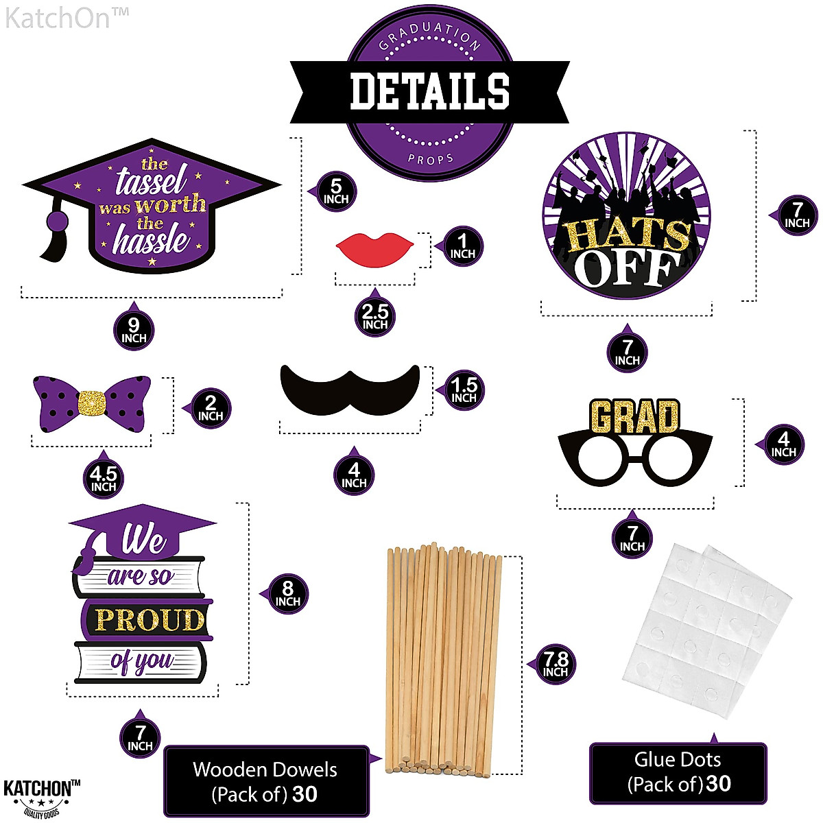 KatchOn, Graduation Photo Booth Props 2024 - Glitter, Pack of 30 | Black and Purple Graduation Photo Props | Graduation Props for Photoshoot 2024, Black and Purple Graduation Decorations Class of 2024