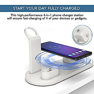 4-in-1 Fast 15W Apple Charging Station for Multiple Devices - Wireless Charging + Plug for iPhone 14/13/12/11/x/8 + Airpods Pro 2/Pro/2/1 + Apple Watch Stand SE/7/6.+ Samsung/Android Type-C/USB