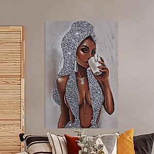African American Black Woman Silver Glitter Textured Canvas Print Poster,Sparkly Women's Wall Decor Fashion Female Painting Canvas Prints Living Room Bedroom Bathroom Home Decor,16x24 inch,Unframed.