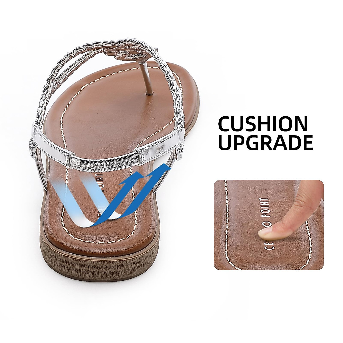 CentroPoint Women's Braided T-strap Thong Slip On Flat Sandals With Elastic Brand Roman Gladiator Fashion Flip Flop Shoes(Silver PU, Numeric_8)