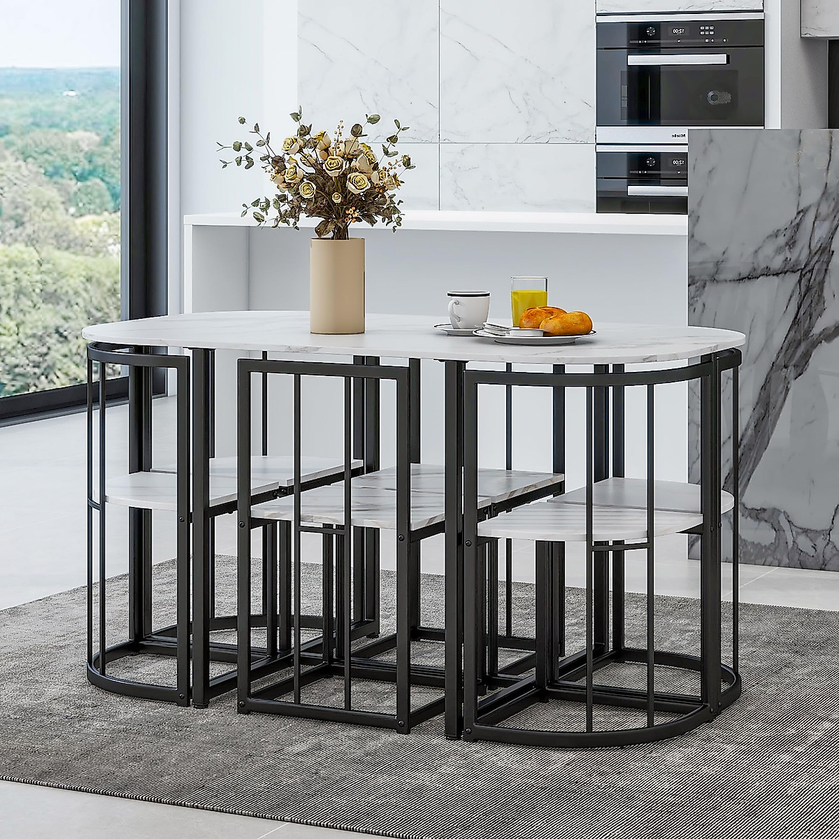 Merax Metal Dining Room Table Set with Chairs for 6 Space Saving, 7 Piece Kitchen Dining Table and Chairs, Black White