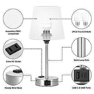 Table Lamps for Bedrooms Set of 2 Bedside - Nightstand Bedroom Lamp with USB C Port and AC Outlet Charging, Dimmable Touch Small End Side Lamp, White Night Stand Light for Kid/Guest Room/Living Room