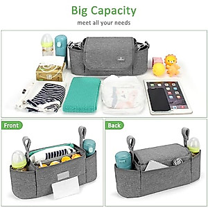 PHILORN Stroller Organizer Bag, Universal Stroller Organizer with Insulated Cup Holder, Grey Stroller Caddy Organizer with Detachable Shoulder Strap & Large Space