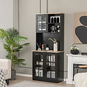 LOKO 72" Kitchen Hutch Storage Cabinet, Freestanding Pantry Buffet Cabinet with Glass Doors, Open & Closed Storage, 3-Position Adjustable Shelves, Tall Cupboard Storage Cabinet (Black)