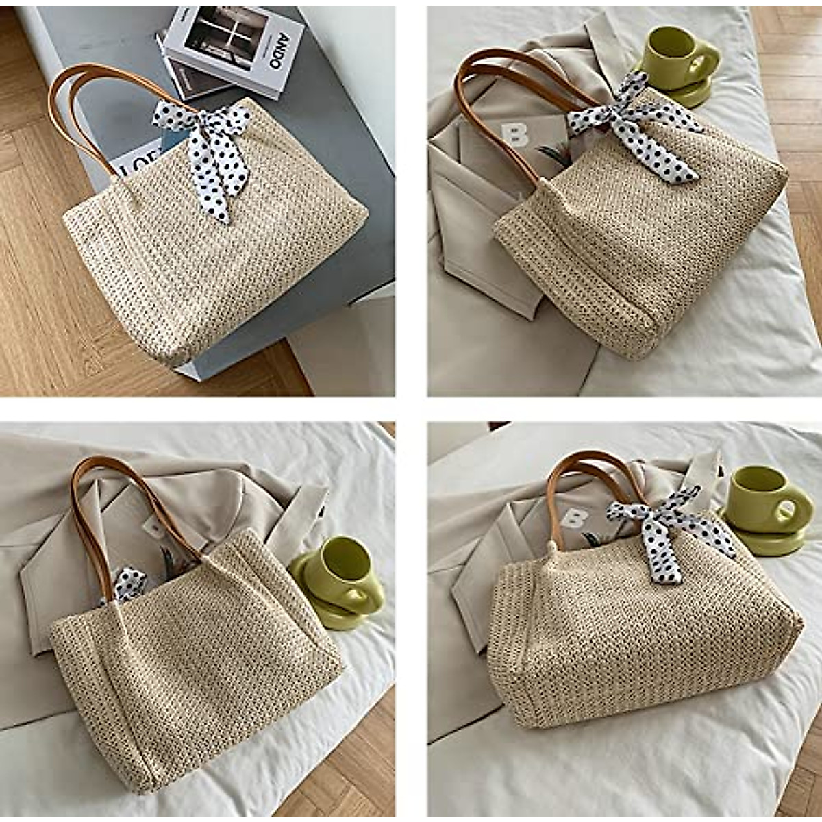 Summer Beach Tote Bag for Women Straw Beach Tote Bow Handbag Hobo Purse for Travel Vocation