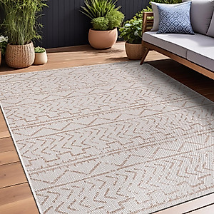 Beverly Rug Waikiki Indoor Outdoor Rug 6x9, Washable Outside Carpet for Patio, Deck, Porch, Trellis Area Rug, Water Resistant, Beige - White