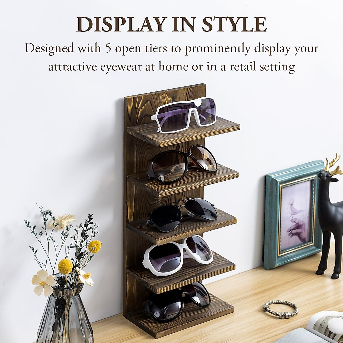 MyGift 5 Tier Rustic Burnt Solid Wood Sunglasses Holder Rack, Wall Mounted Eye Glasses Shelf or Tabletop Display Stand, Retail Eyewear Showcase Storage Organizer