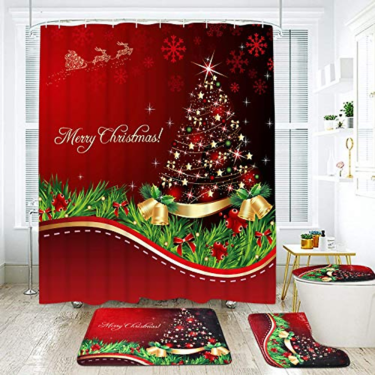 Uspring 4 Pcs Merry Christmas Shower Curtain Sets with Non-Slip Rugs, Bath Mat, Toilet Lid Cover and 12 Hooks, Xmas Tree Ball Snowflake Red Shower Curtain for Christmas Decoration