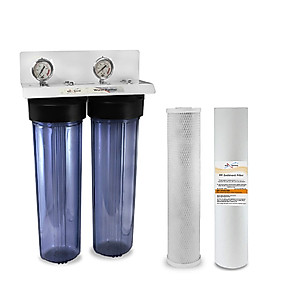 Max Water 2 Stage (Sediment, Odor& Improving Taste) Whole House (20 inch x 4.5 inch), Water Filtration System with PVC Ball Valve, Pressure Gauge & Housing Wrench - Sediment + CTO - 1" Inlet/Outlet