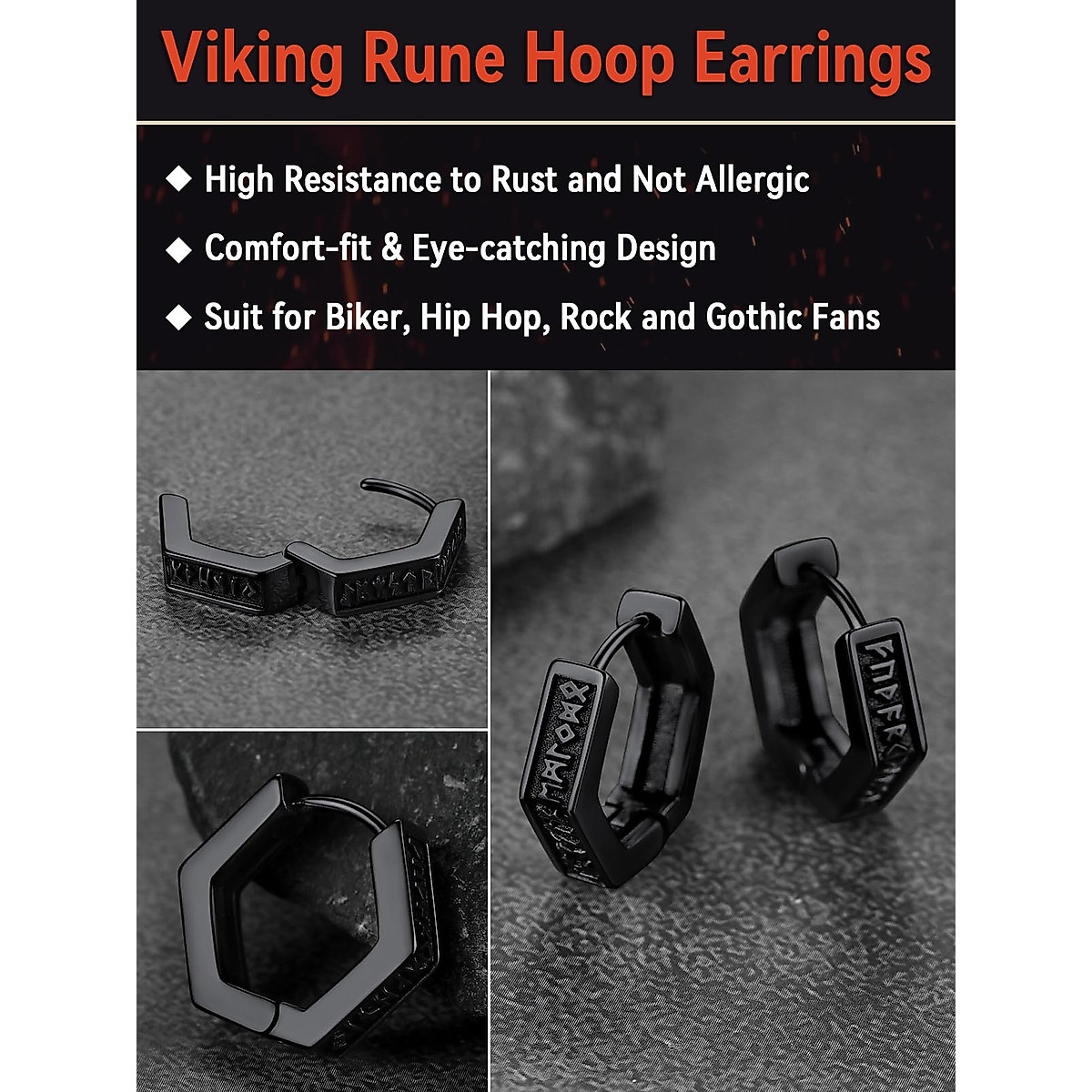 Vintage Rune Hoop Earrings for Male Black Punk Norse Vikings Stuff Amulet