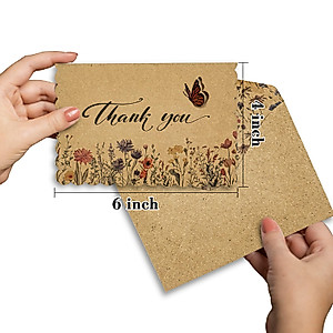 AZAZA Floral Thank You Cards with Envelopes 24 PK, Wedding Thank You Cards Unique Floral Design, 4x6 Wildflower Thank You Notes for Baby Shower, Bridal Shower, Sympathy (Kraft Butterfly)
