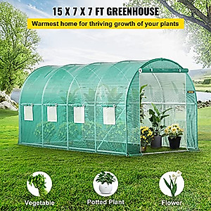 VEVOR Walk-in Tunnel Greenhouse, 14.8 x 6.6 x 6.6 ft Portable Plant Hot House w/ Zippered Door, 8 Roll-up Windows, Galvanized Steel Hoops, 1 Top Beam, and 2 Diagonal Poles, Green