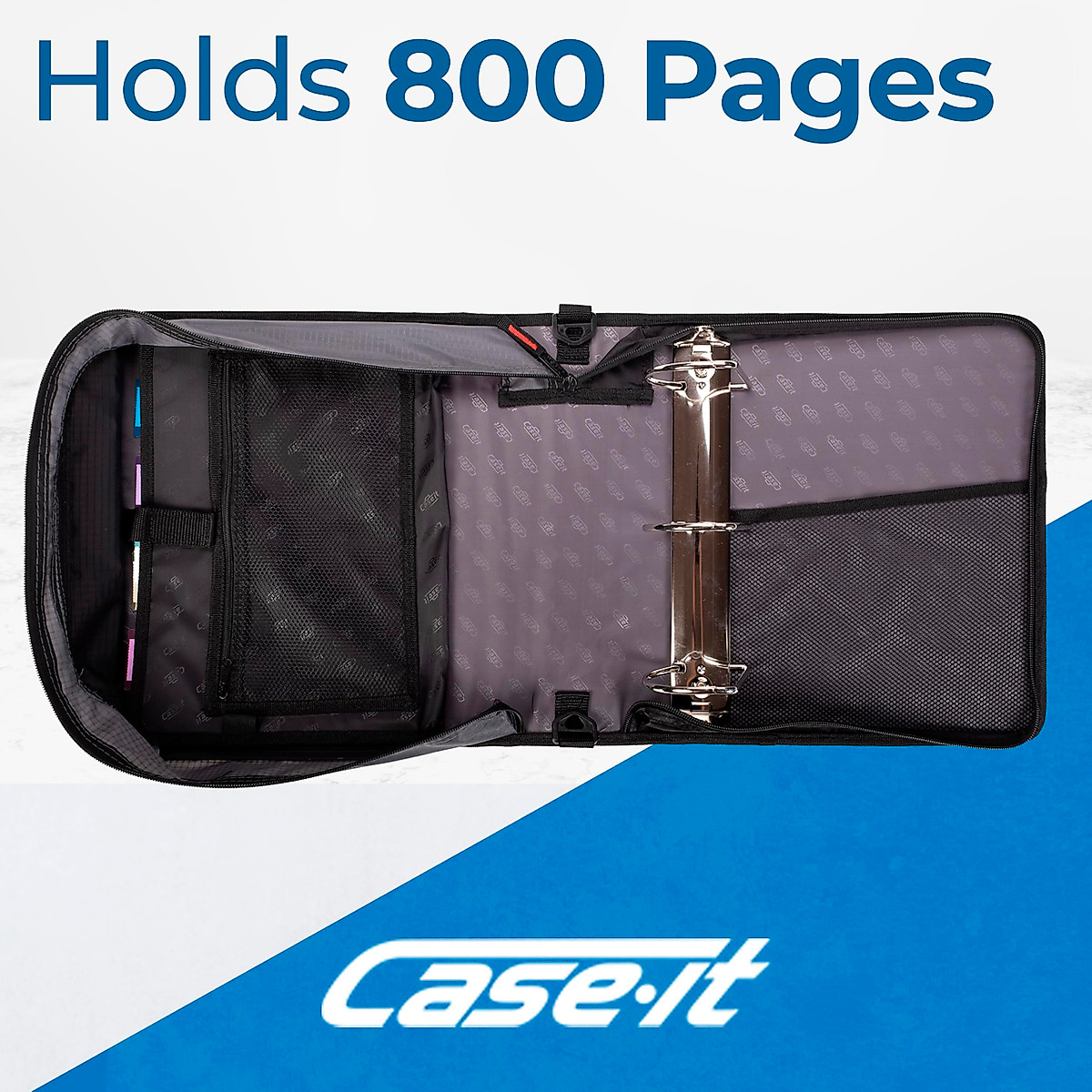 Case-it The King Sized Zip Tab Zipper Binder - 4 Inch D-Rings - 5 Subject File Folder - Multiple Pockets - 800 Sheet Capacity - Comes with Shoulder Strap - Jet Black D-186