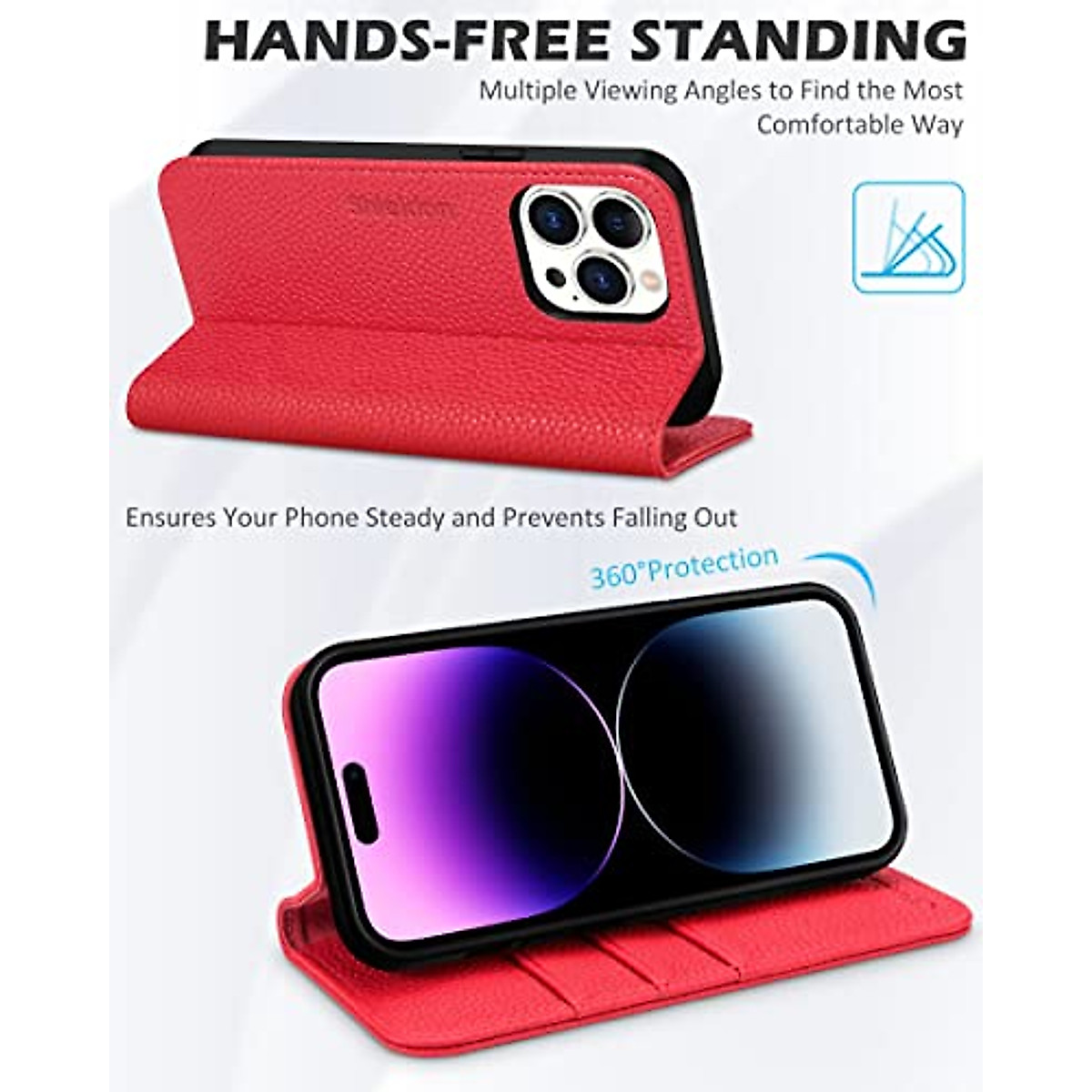 SHIELDON Wallet Case for iPhone 14 Pro 2022, Genuine Leather Folio Case Magnetic Closure RFID Blocking Card Slots Kickstand Full Protection Case Compatible with iPhone 14 Pro 6.1" - Litchi Grain Red