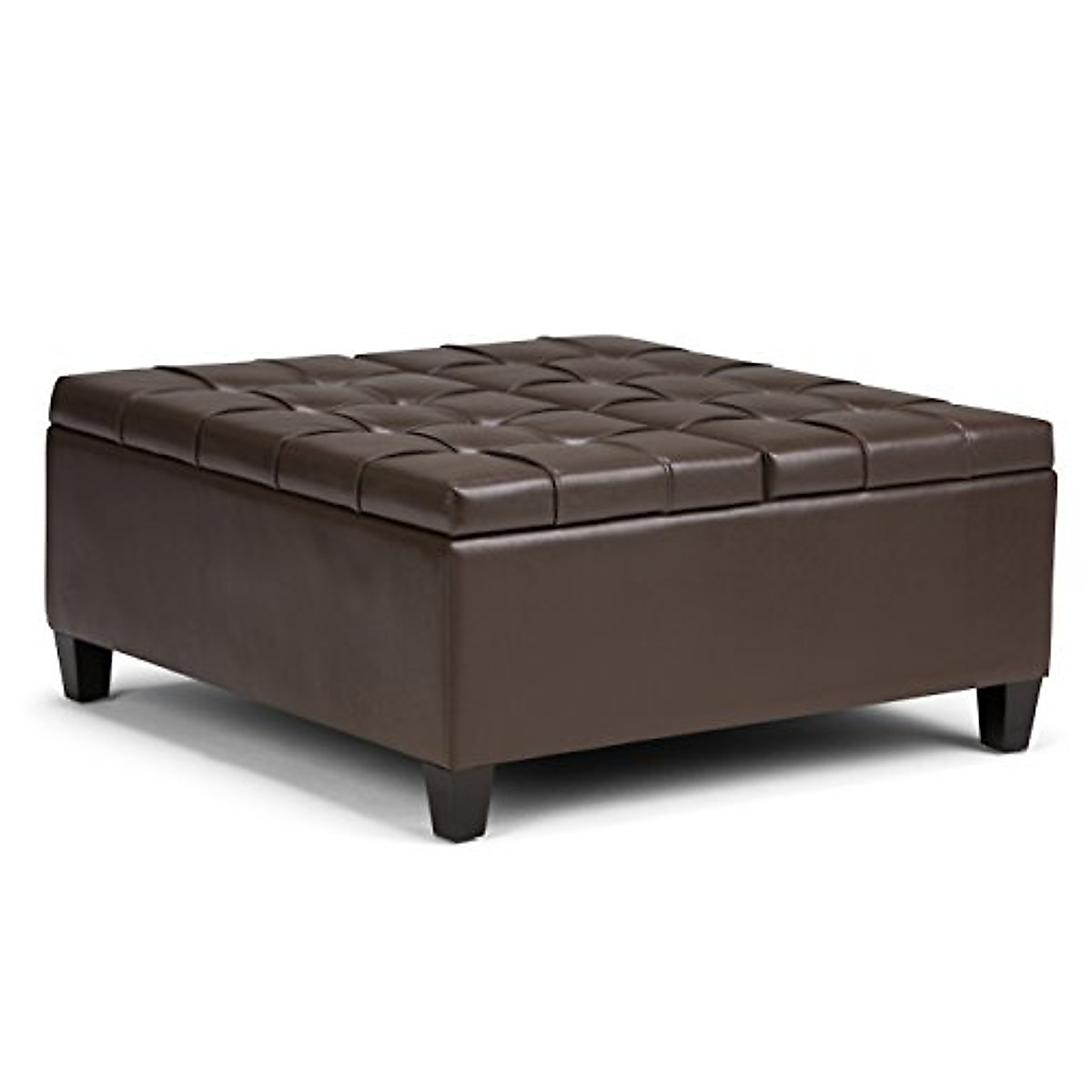 SIMPLIHOME Harrison 36 inch Wide Square Coffee Table Lift Top Storage Ottoman, Cocktail Footrest Stool in Upholstered Chocolate Brown Tufted Faux Leather for the Living Room,