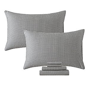 FADFAY Black Plaid Queen Size Sheets 100% Cotton Geometric Checker Bedding Teens Grid White Gingham Pattern College Bedding Deep Pocket Sheets with 2 Pillowcases Ultra Soft 4pcs, Queen Size