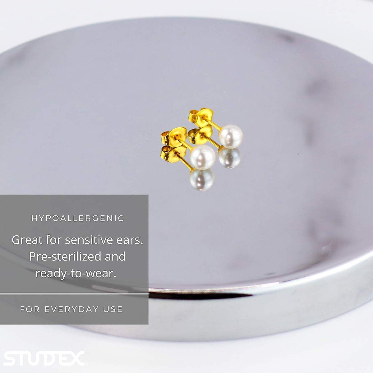 STUDEX Sensitive White Pearl Stud Earrings 4mm | Hypoallergenic and Nickel Safe for Sensitive Ears | Gold Plated Posts | High Fashion Earrings for Women and Men-PR-674-S