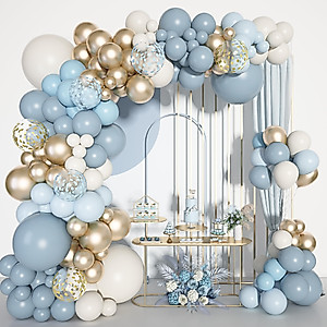 Ouddy Life 180Pcs Dusty Baby Blue Balloons Arch Garland Kit, Blue Baby Shower Decorations Boy with Fog Blue Sand White Chrome Gold Champagne Balloons for Birthday Boho Bridal Shower Party Decor