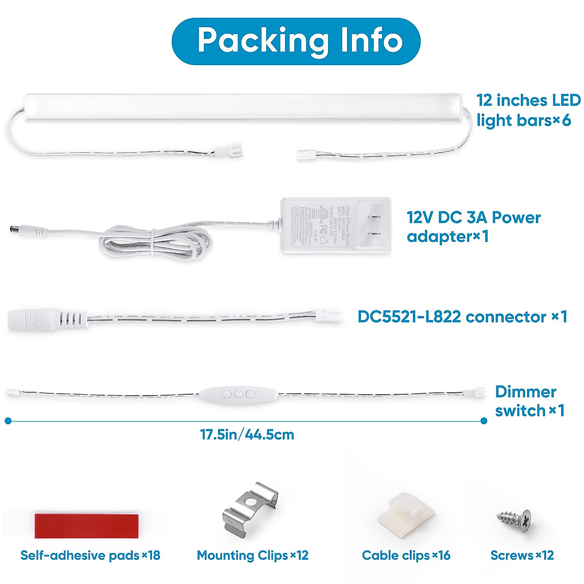 Litever Under Cabinet Lights Plug in, 6 pcs 12 Inches LED Light Strip Bars. Super Bright Dimmable Linkable for Kitchen Counter Above Cabinets Shelf Workbench Desk Closet Lighting. Daylight 5000K