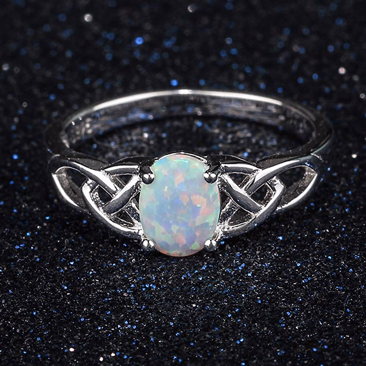 925 Sterling Silver Celtic Knot Heart Shaped Fire Opal Wedding Engagement Ring (Silver, 7)