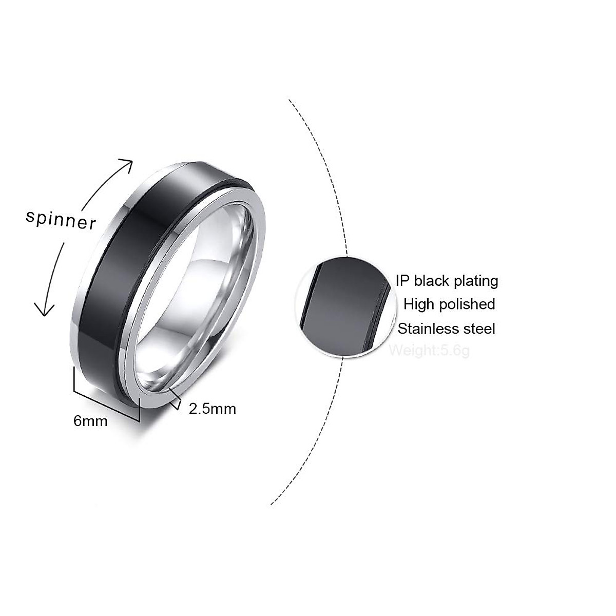 VNOX Personlized 6MM Two-tone Stainless Steel Spinner Rings for Promise Engagement Wedding Bands,Size 7