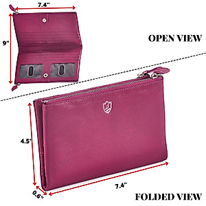 Women Wallet Real Leather Bifold RFID Blocking Clutch Multi Card Case Organiser Pen Mobile Holder Double Zip Compartment pocket with 2 ID Window in Gift Box (Nappa, Fuchsia Pink)