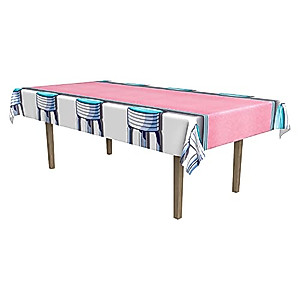 Beistle 1950’s Soda Shop Stool Table Cover Supply – Retro, Sock Hop, and Oldies Decor for 50’s Themed and Birthday Parties, 54" x 108", Multicolored (54730)