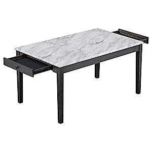 RUNWON Luxury 7-Piece Set-Faux Marble Top Table with 2 Drawers and 6 Comfortable PU Leather Chairs-Elevate Your Home Dining Experience, Black