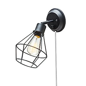 Globe Electric 65291 1-Light Plug-in or Hardwire Industrial Cage Wall Sconce, Matte Black Finish, On/Off Rotary Switch, 6ft Clear Cord, Wall Lights for Bedroom Plug in, Kitchen Sconces Wall Lighting