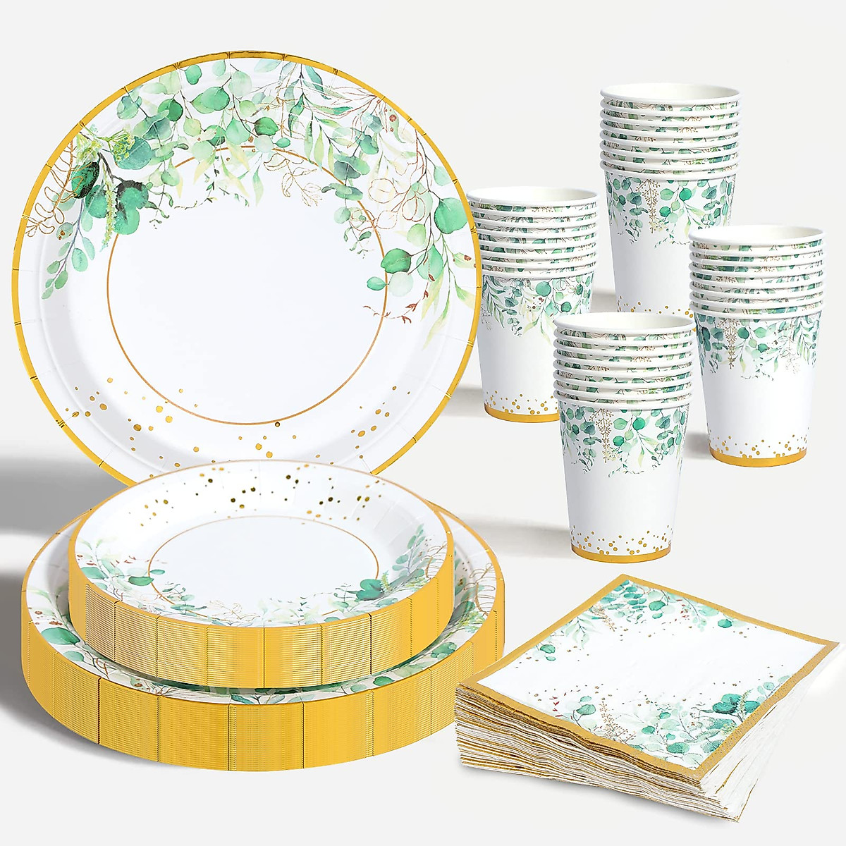 Sage Green Paper Plates and Napkins, Green Party Plates Supplies, Disposable Tableware Paper Plates, Cups, Napkins for Boy Baby Shower, Jungle Safari Boho Party Supplies,Bridal Shower,Serves 24