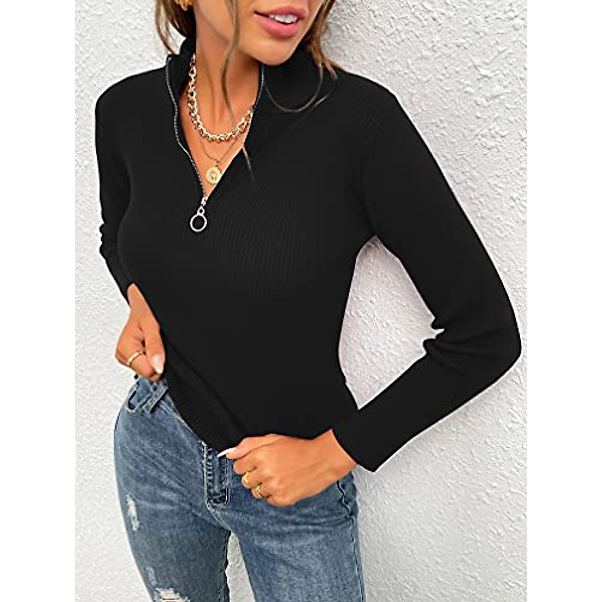 PRETTYGARDEN Fall Quarter Zip Pullover Sweaters for Women 2023 Long Sleeve Collared Fitted Ribbed Knit Tops (Black, Large)