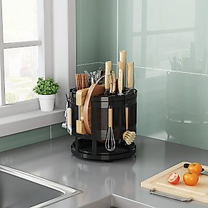 Knife Holder for Kitchen Counter, Rotating Universal Knife Block Without Knives 3 in 1 Multi-function Knife Block Set Flatware Utensil Drying Rack Cutting Board Organizer with Drain Tray and hooks