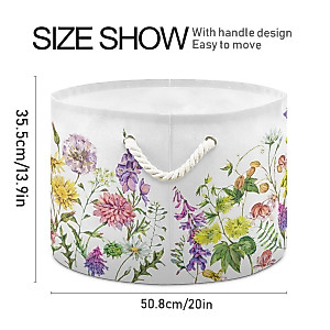 linqin Large Collapsible Cotton Rope Basket Wildflower Floral Laundry Basket 20 x 14 Inches Storage Basket Organizer for Toys, Pillows, Cushions in Living Room, Home Decor