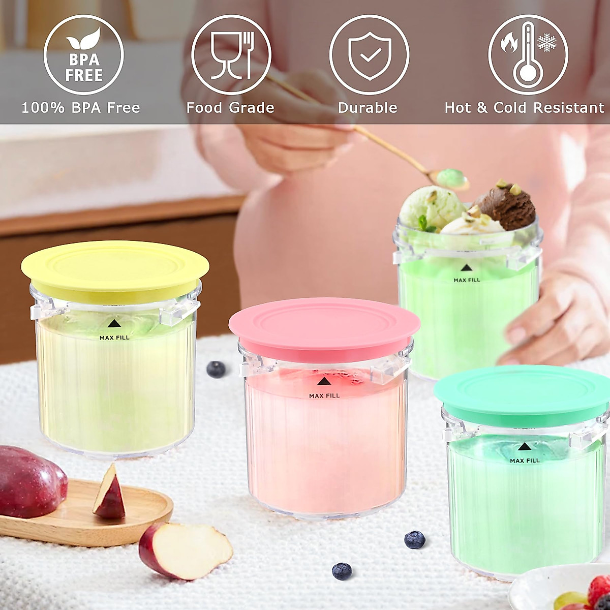 VanlonPro Pints and Lids Replacement for Ninja CREAMi Breeze Containers - 4 Pack, 16oz Cups Compatible with NC200 NC201 NC201Q CN205A NC100 NC101 Series Ninja Creamy Breeze Ice Cream Maker, BPA Free