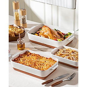 MALACASA Casserole Dishes for Oven, Ceramic Baking Dishes Set of 3, Baking Pan Casserole Dish Set, Rectangular Lasagna Pan Deep with Handles for Baking, Khaki White (14.5''/13''/10.5''), Series TARA